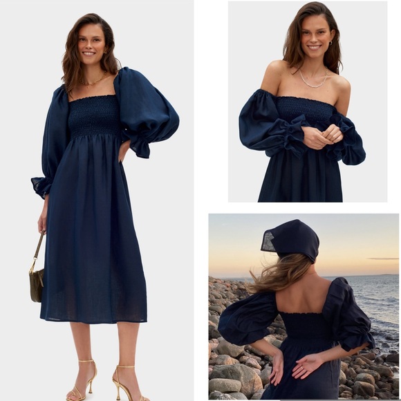 Sleeper | Dresses | Sleeper Atlanta Linen Lounge Dress Midi Navy Blue ...